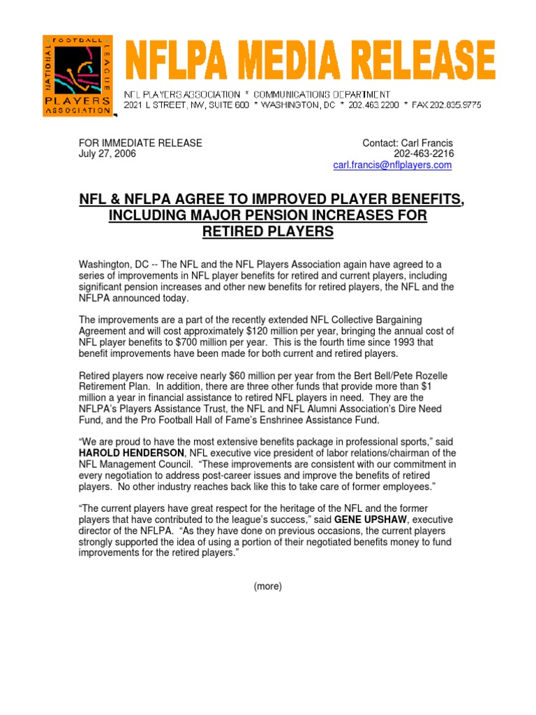 NFL Benefits Press Release | PDF | Retirement | Pension