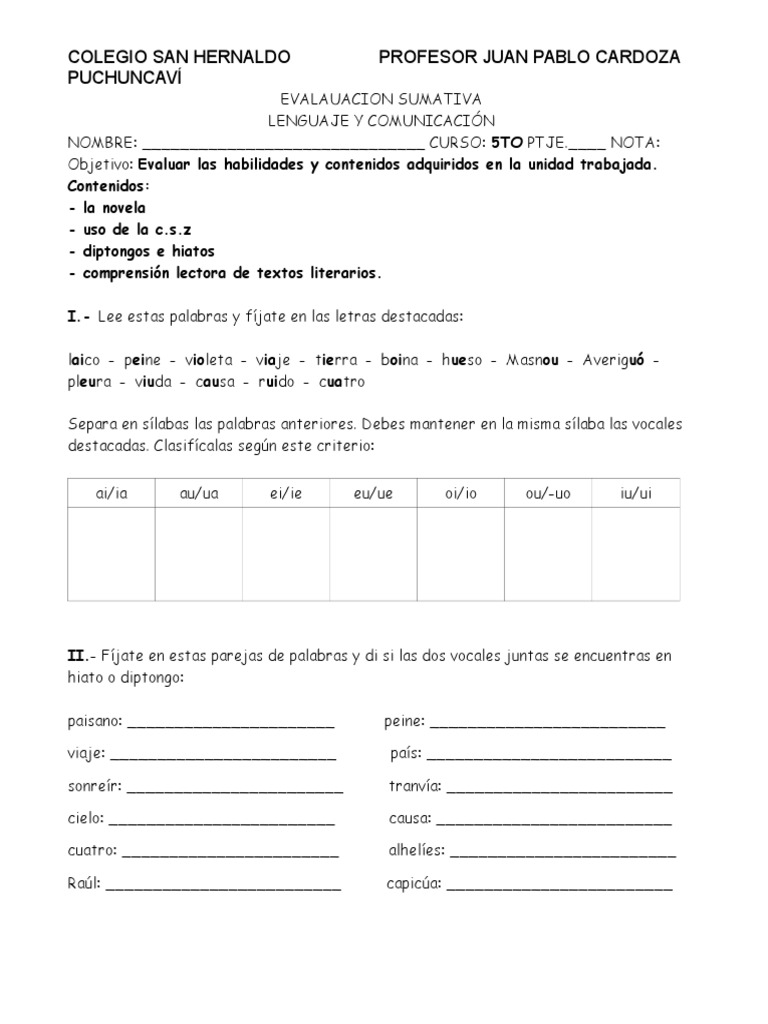 Prueba Diptongos e Hiatos, Uso de La C, S, Z | PDF | Aves | Caballos