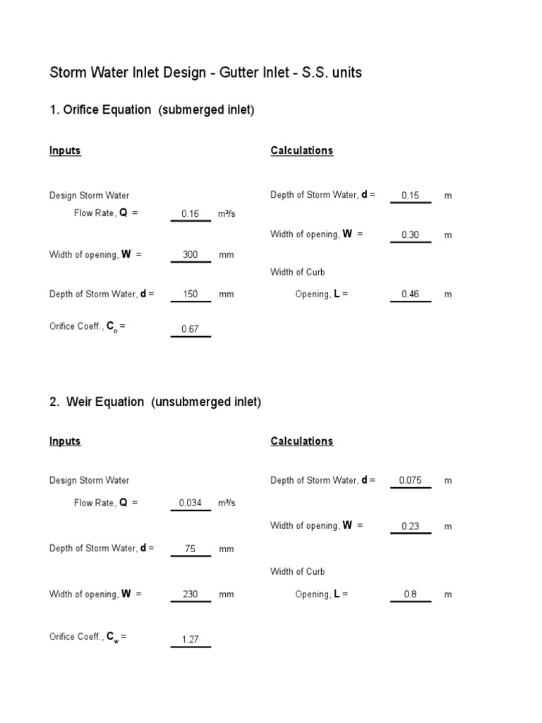 5FEAF3 Storm Water Inlet Design Gutter Inlets Si Units | PDF