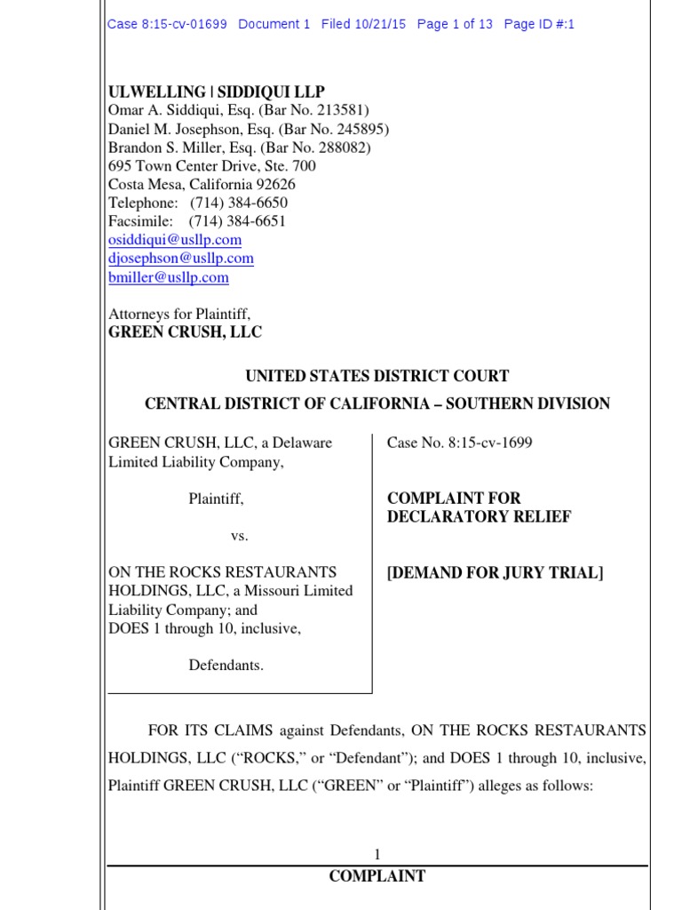 Green Crush v. Crushed Red - Restaurants Declaratory Judgment Complaint ...