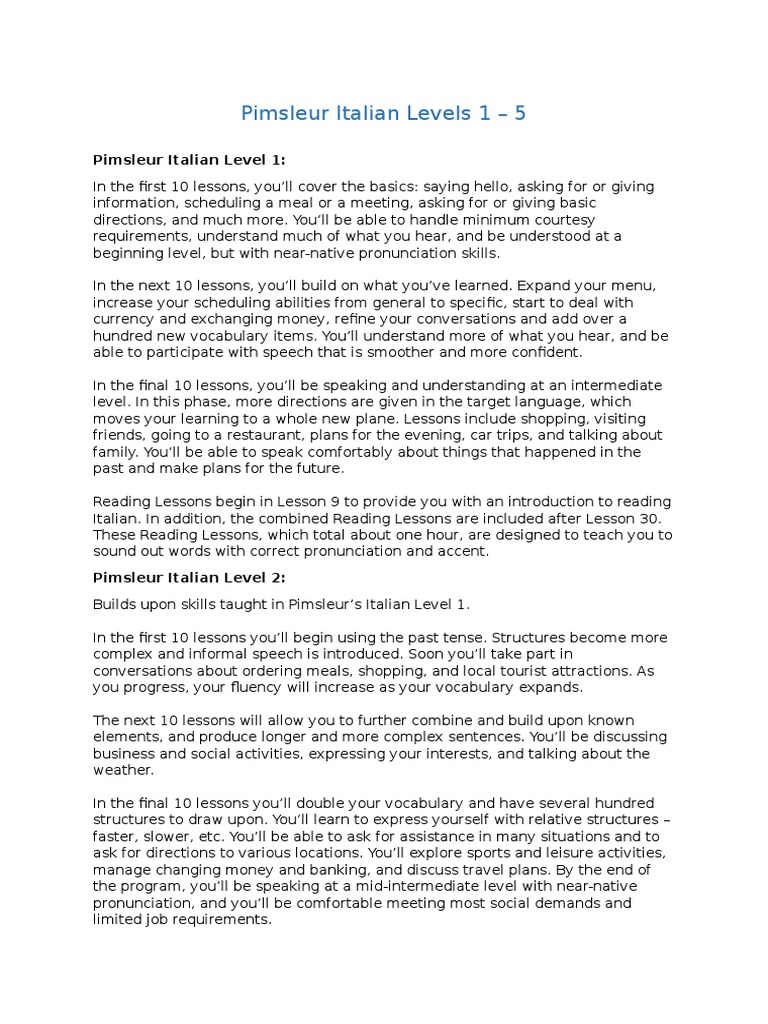 Pimsleur Italian Levels 1-5 Overview | PDF | Vocabulary | Reading ...
