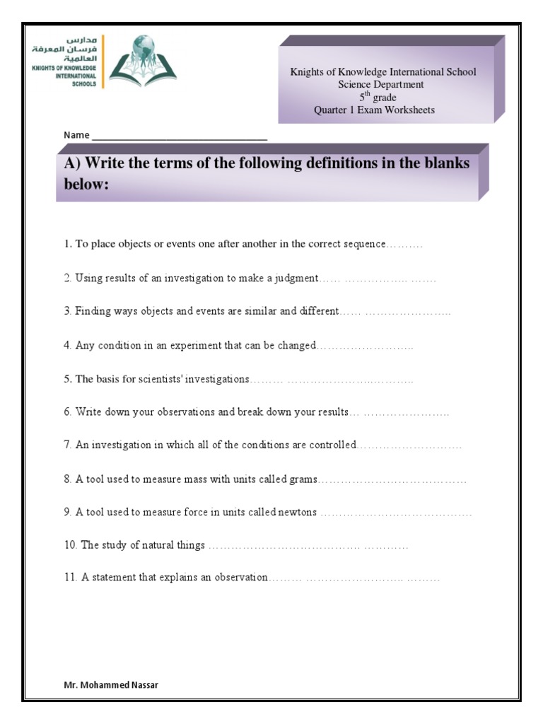 5th Grade Quarter 1 Science Exam Worksheets . | PDF | Observation ...