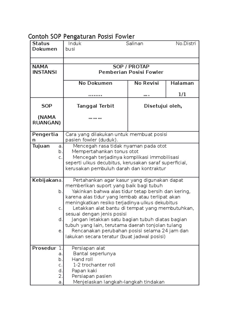 Contoh SOP Pengaturan Posisi Fowler | PDF