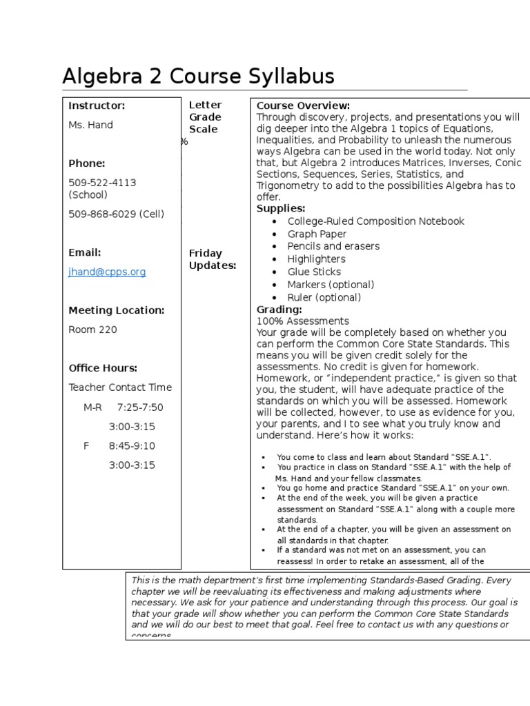 Algebra 2 Course Syllabus | PDF | Educational Assessment | Common Core ...