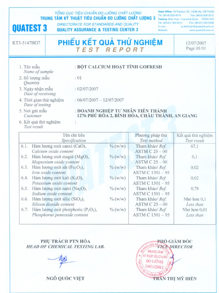 Phieu Ket Qua Quatest 3 - HATH | PDF | Sets Of Chemical Elements ...