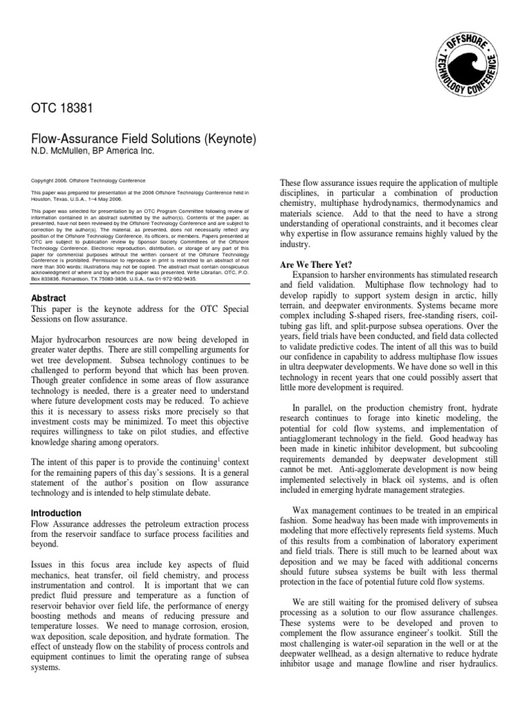 OTC 18381 Flow-Assurance Field Solutions (Keynote) : Are We There Yet ...