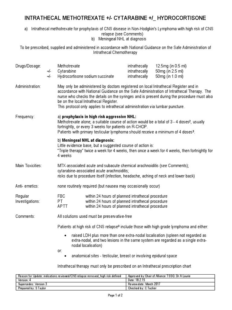 Intrathecal Chemotherapy Protocol | PDF | Chemotherapy | Lymphoma