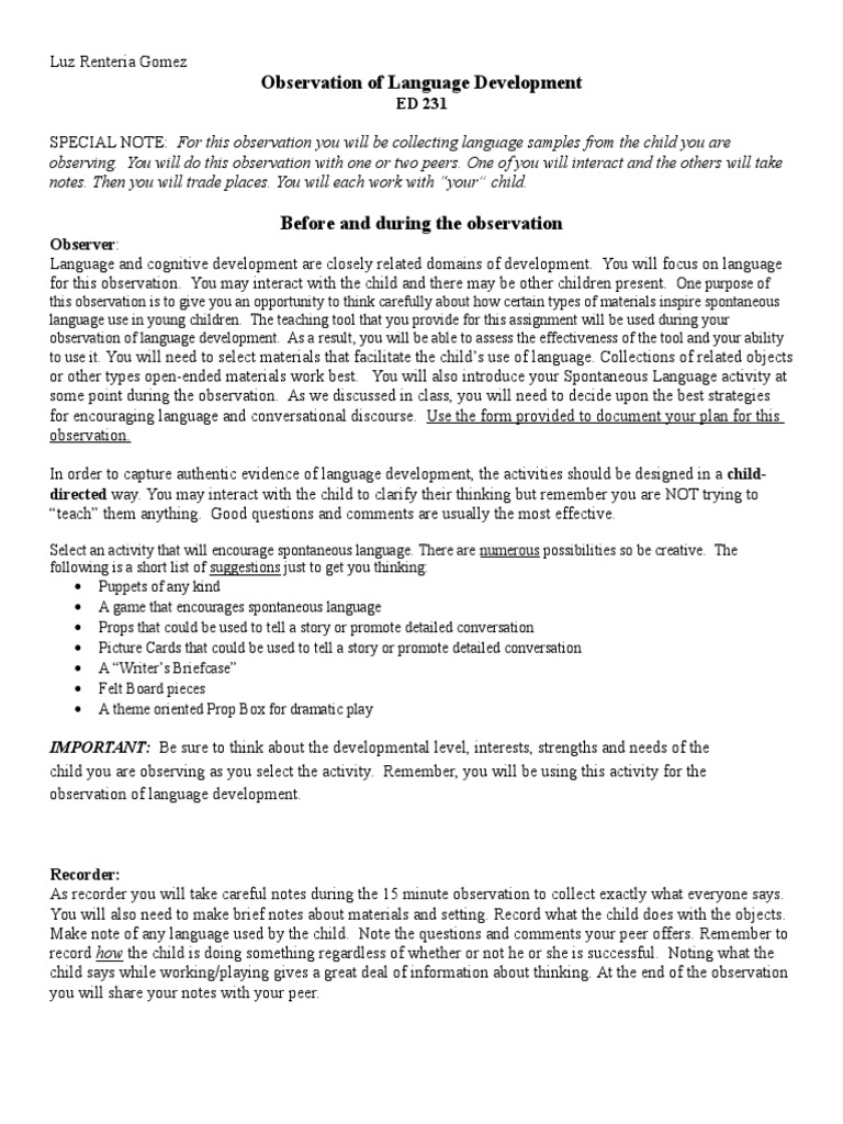 Language Observation | PDF | Language Development | Child Development