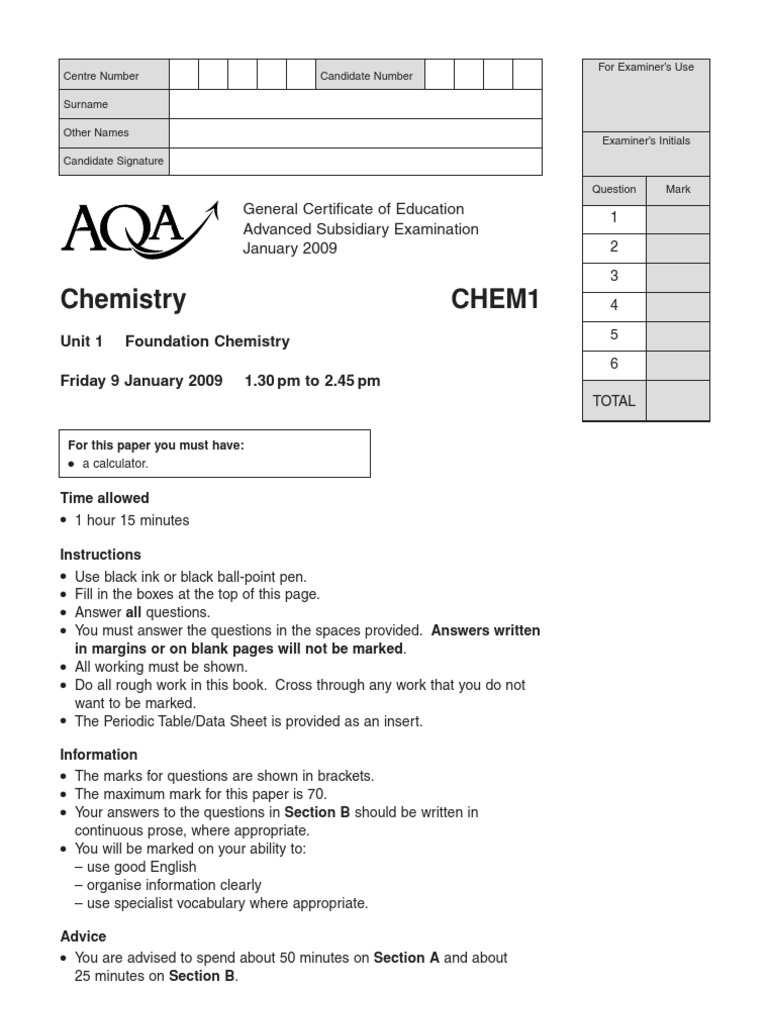 Aqa Chem1 W QP Jan09 | PDF | Isotope | Catalysis
