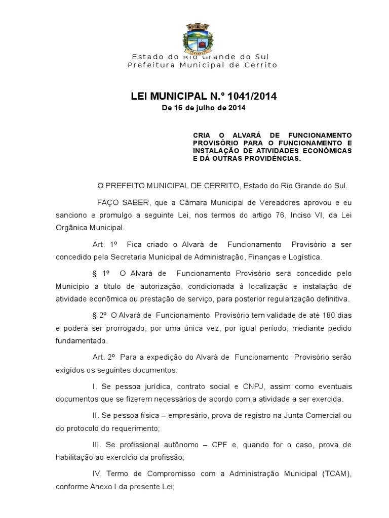 LEI 1041 - Alvará Provisório | PDF | Lei Estatutária | Governo