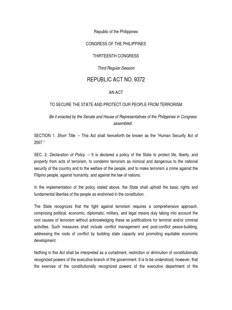 REPUBLIC ACT NO. 9372 - Human Security Act of 2007 | PDF | Arrest ...