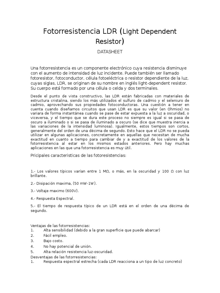Fotorresistencia LDR: Funcionamiento y Aplicaciones | PDF | Resistor ...