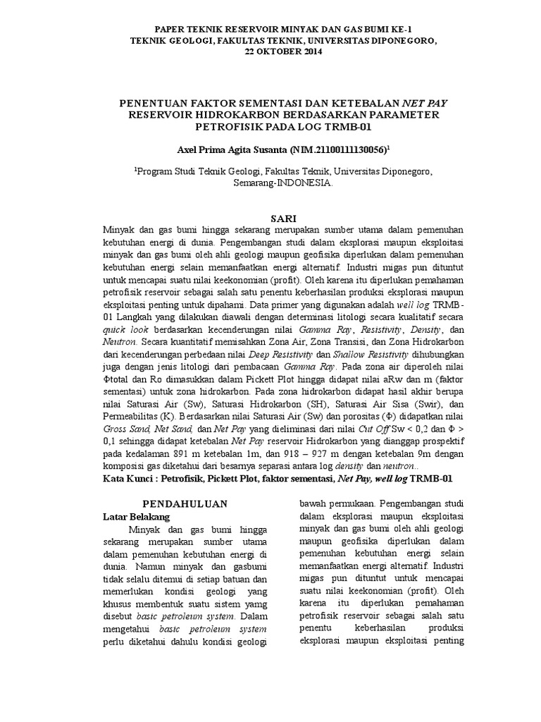 Penentuan Faktor Sementasi Dan Ketebalan Net Pay Reservoir Hidrokarbon ...