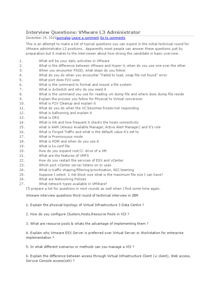 VMware L3 Administrator Interview Questions | PDF | Computer Network ...