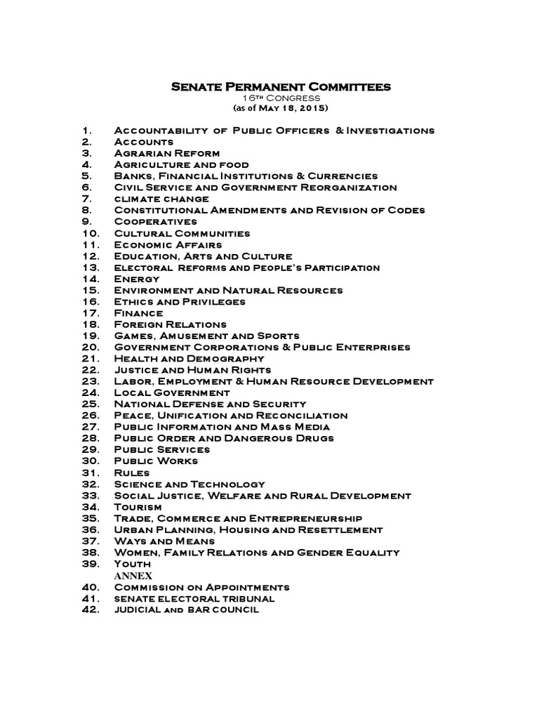 Senate Permanent Committees: (As of May 18, 2015) | PDF | United States ...