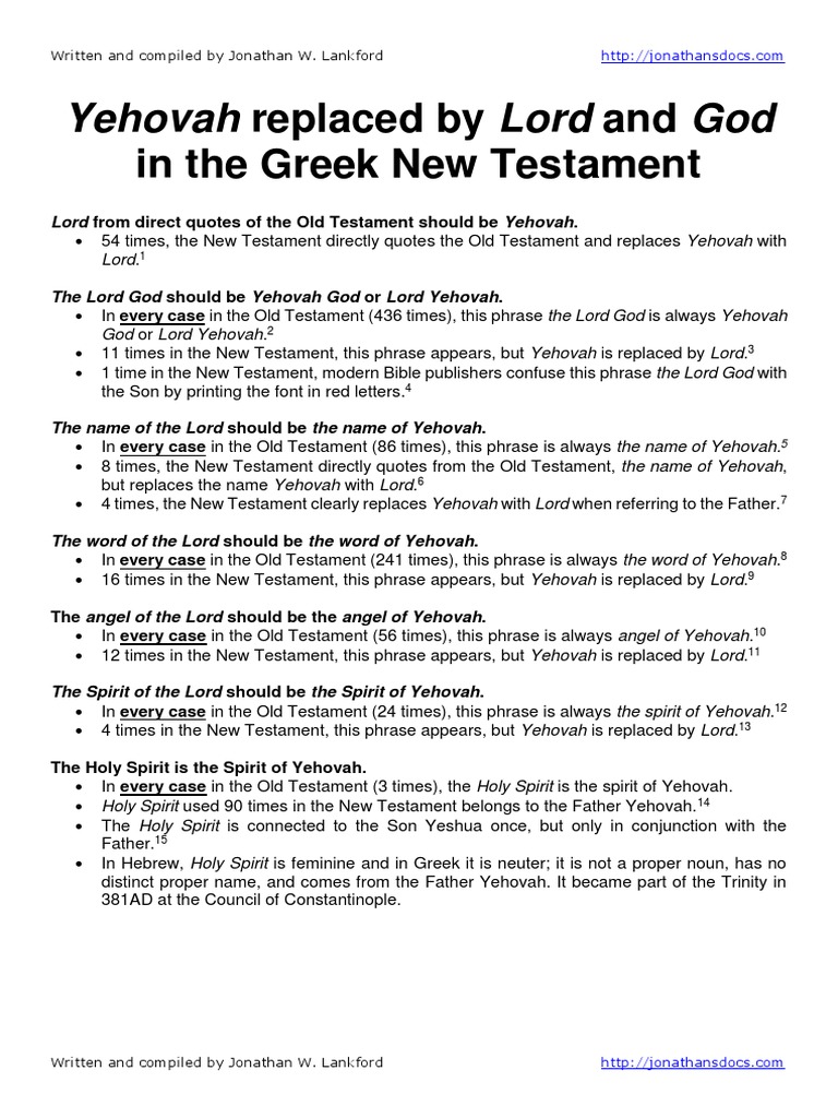 Yehovah Replaced by Lord and God in the Greek New Testament | Jehovah ...