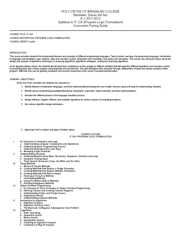 Holy Cross of Bansalan College Bansalan, Davao Del Sur A.Y 2011-2012 Syllabus in IT 124 (Program ...