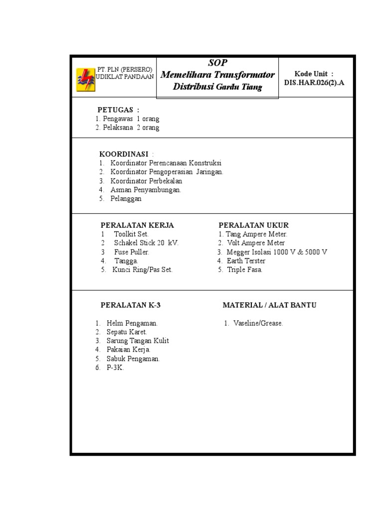 SOP Pemeliharaan Trafo | PDF