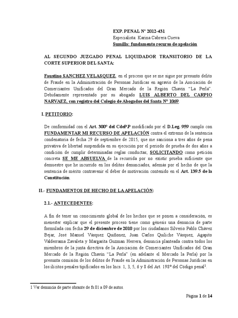 modelo de recurso de apelación - Apelación de Sentencia