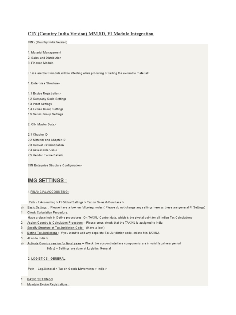 CIN India MM, SD, FI Module Integration | PDF | Invoice | Excise