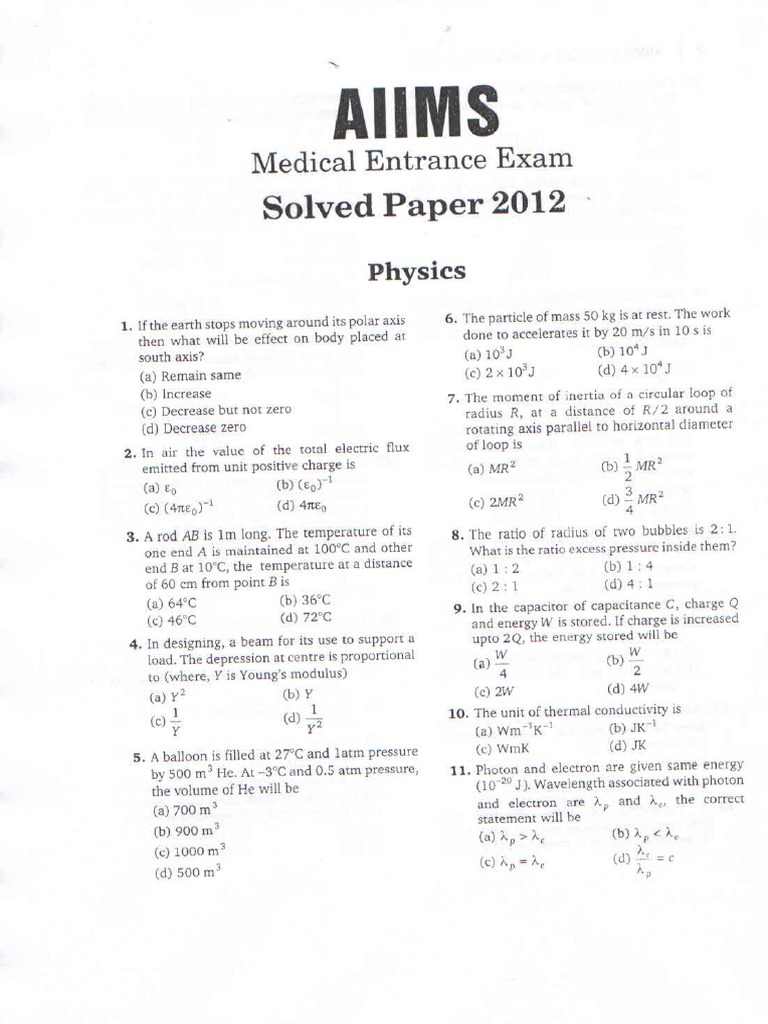 AIIMS MBBS Sample Papers 2 (AIIMS Mbbs Question Papers 2012) | PDF