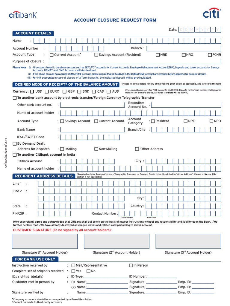 Account Closure Form Citi Bank | PDF | Deposit Account | Current Account