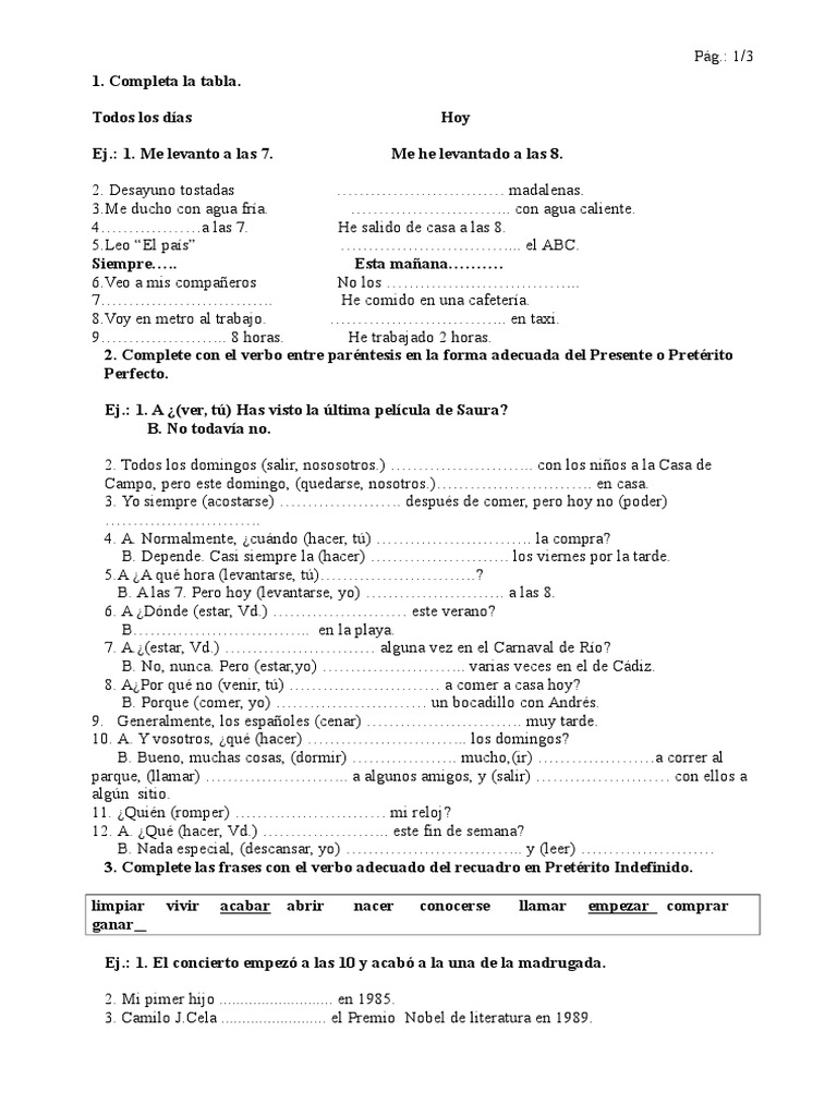 Ejercicios de Pretérito Perfecto y Indefinido | PDF | Ocio