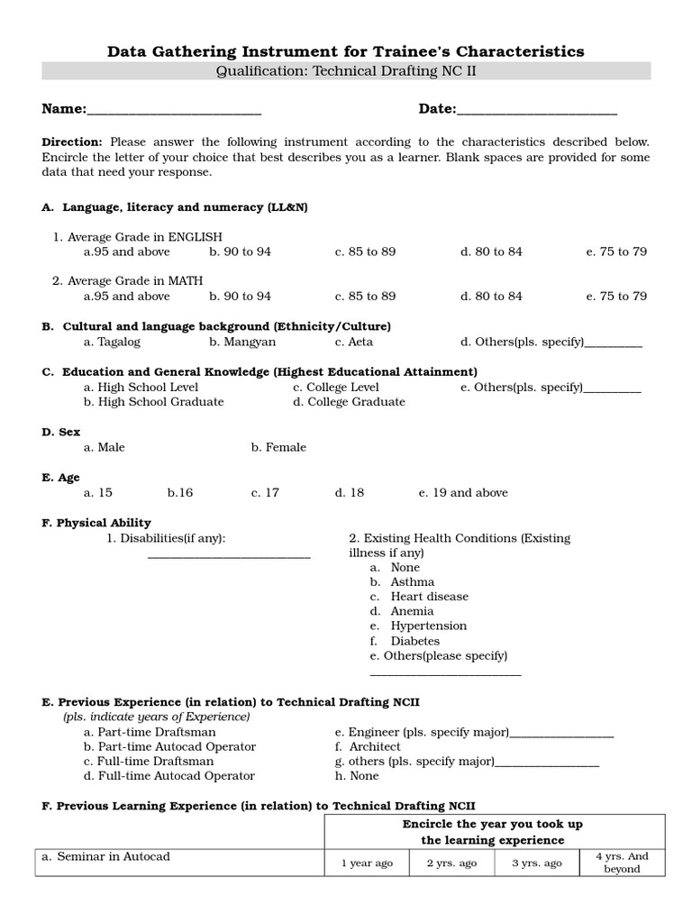 Trainee Characteristics Data Form | PDF | Classroom | Cognition