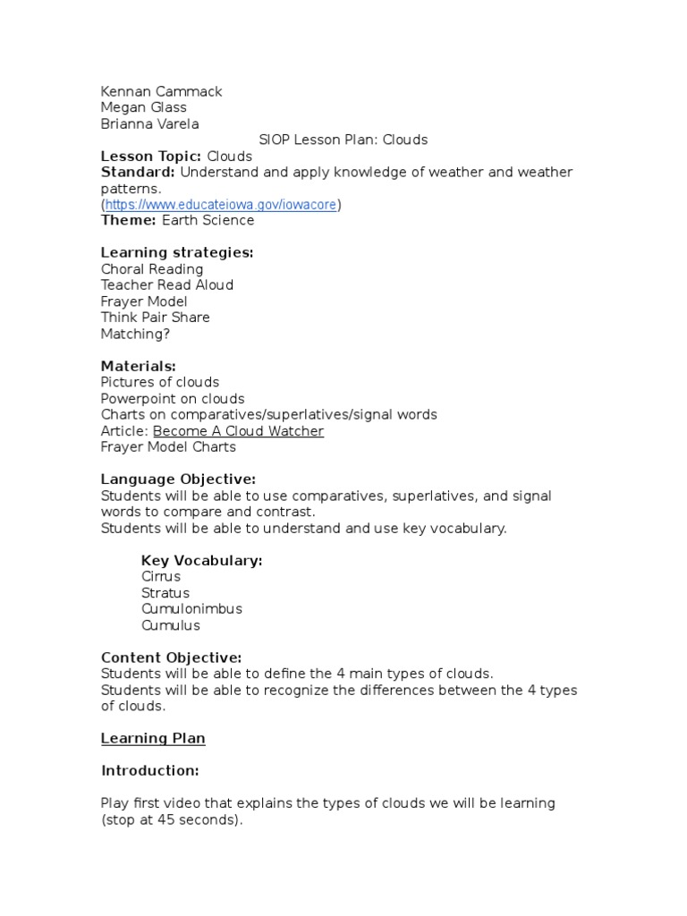 SIOP Lesson Plan | PDF | Cloud | Lesson Plan
