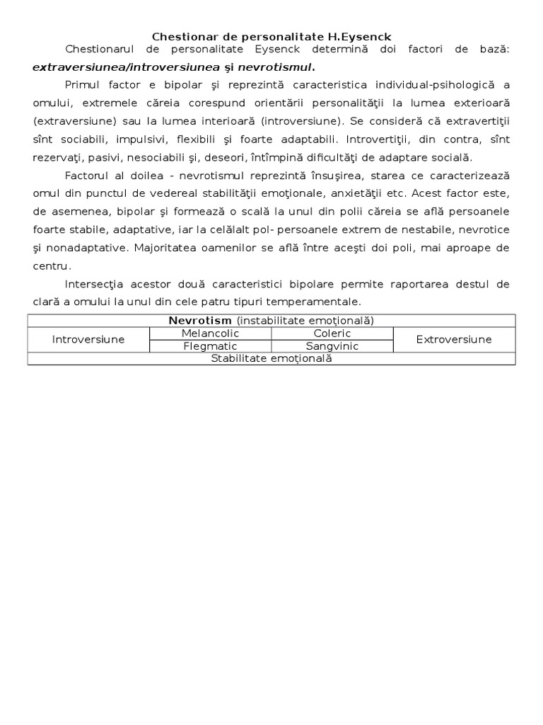Chestionar de Personalitate H.eysenck | PDF