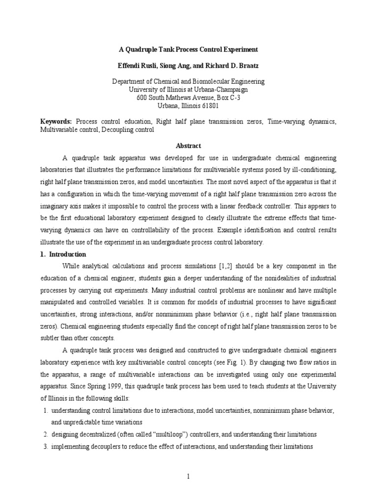A Quadruple Tank Process Control Experiment | PDF | Control Theory ...