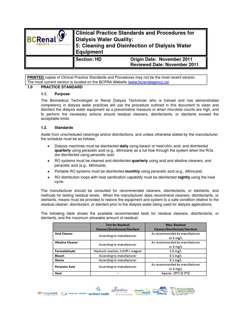 Dialysis Machine Disinfection Standards | PDF | Membrane ...