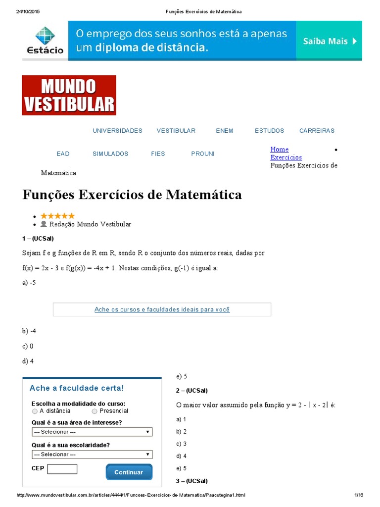 Exercícios de Funções em Matemática | PDF | Função (Matemática ...