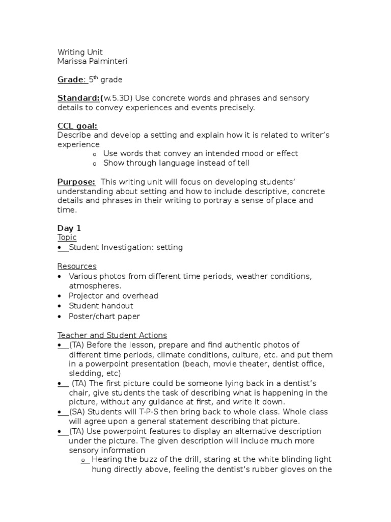 Grade: 5 Standard: (w.5.3D) Use Concrete Words and Phrases and Sensory ...