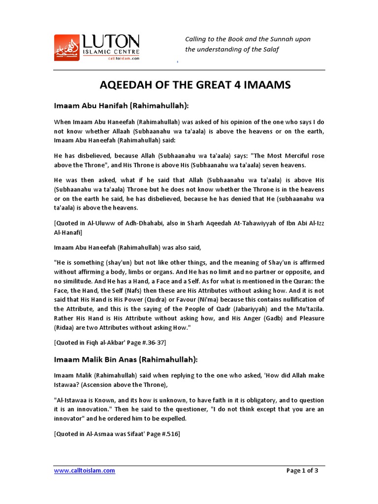 Aqeedah of Four Imams | PDF | Muhammad | Hadith