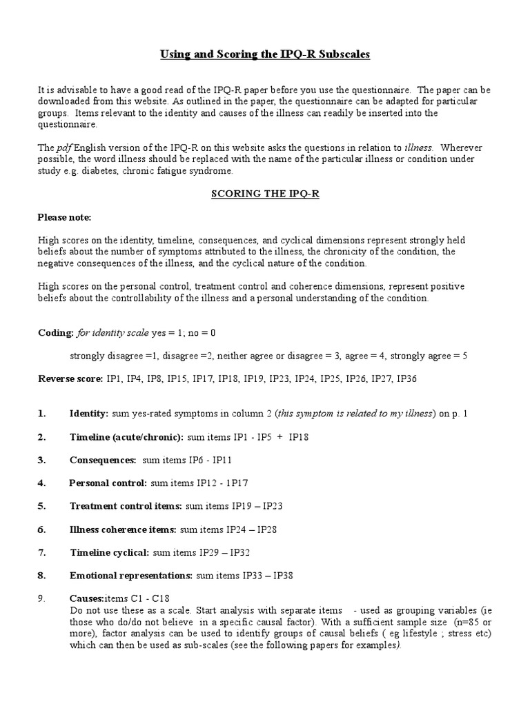 Scoring the IPQ-R | Diseases And Disorders | Cognition