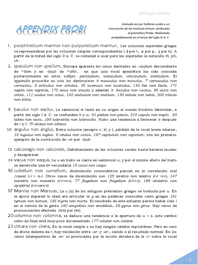 Análisis del Appendix Probi | PDF | Fonología | Lingüística