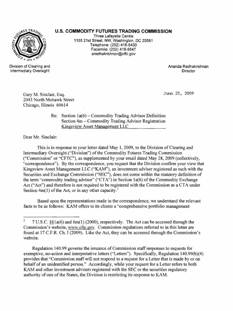 CFTC Letter 2009-06-25 Re: Section 1a (6) and Section 4m | PDF ...