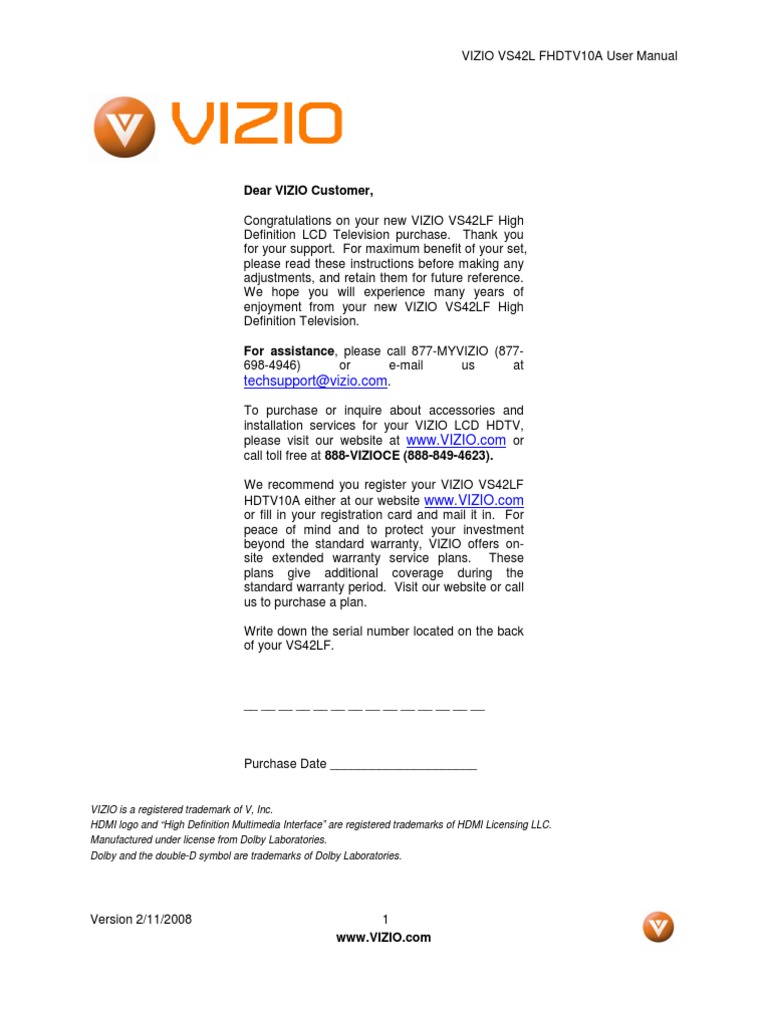 Visio Television Owners Manual | PDF | Ac Power Plugs And Sockets | Hdmi