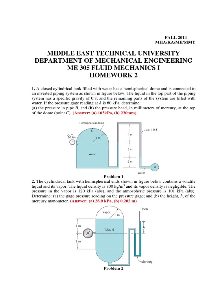 Fluid Mechanics Lecture 2 Problems and Answers | PDF | Pressure ...