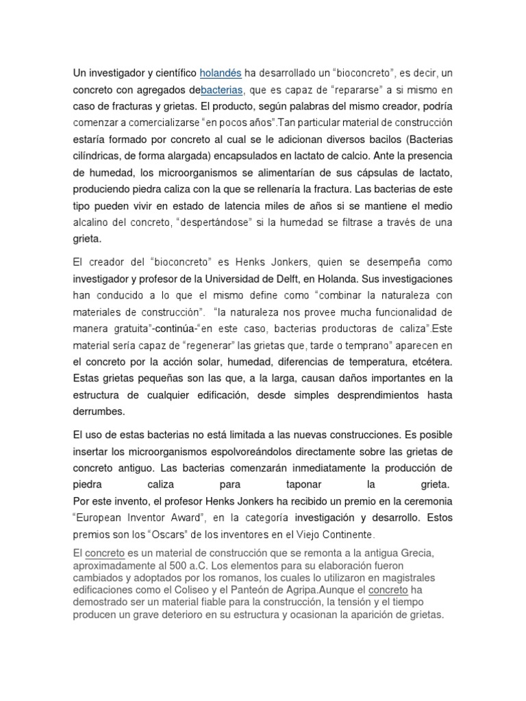 Bioconcreto: el concreto que se repara solo | PDF