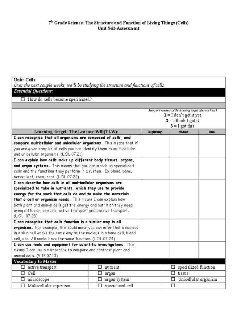 Formative Cells Unit Self Assessment | PDF | Science & Mathematics