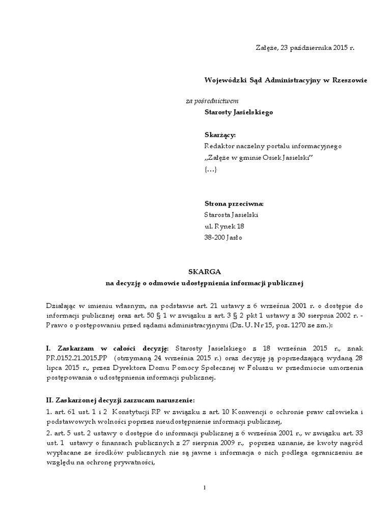 Skarga Do WSA Starosta Jasielski - Nagrody DPS | PDF