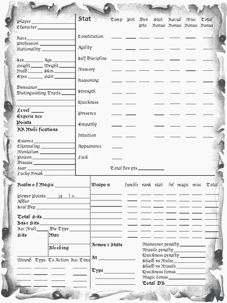 Rolemaster Character Sheet 8 Pages 2 | PDF