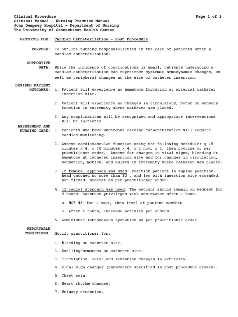 Post-Procedure Care for Cardiac Catheterization | PDF | Catheter | Patient