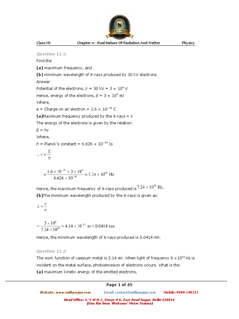 Chapter 11 Dual Nature of Radiation and Matter Printable | PDF ...