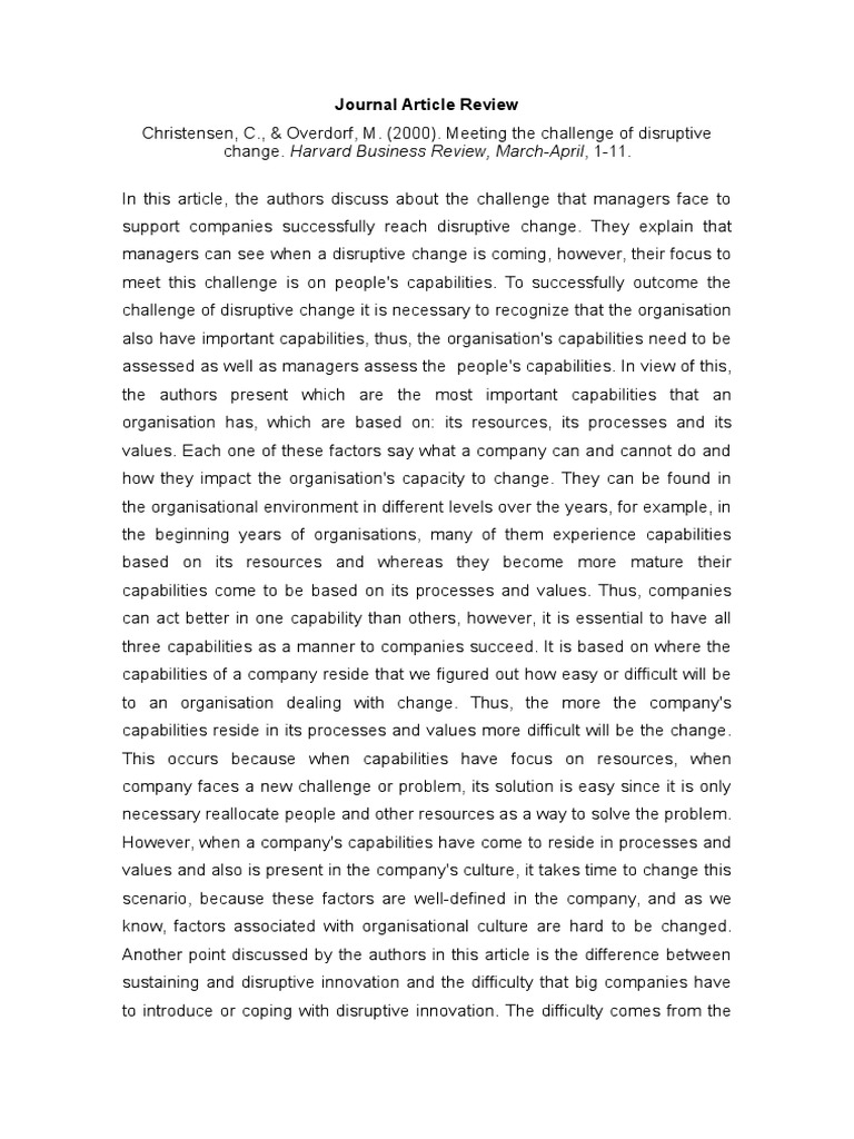 Journal Article Review - Christensen, C., & Overdorf, M. 2000 | PDF ...