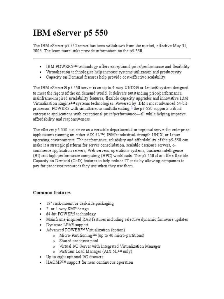 Ibm Eserver P5 550: Common Features | PDF | Computing | Computer Architecture