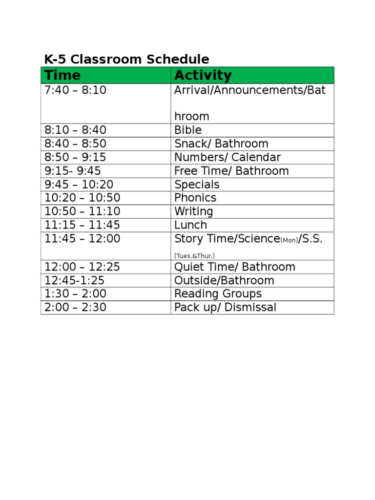K-5 Daily Classroom Schedule | PDF | Language Arts & Discipline