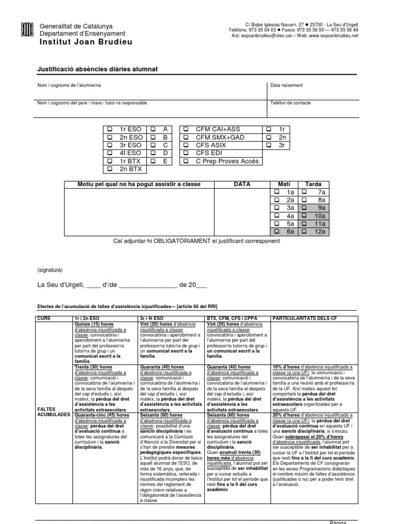 INS Justificant Absència Alumnat | PDF